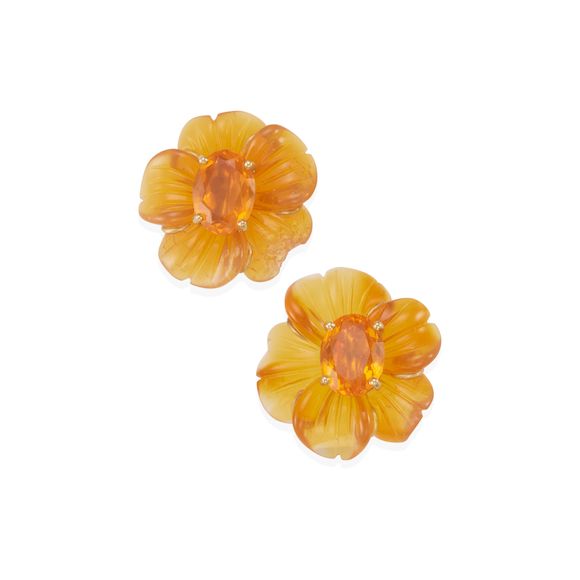 Bonhams : IRENE NEUWIRTH: 18K GOLD AND FIRE OPAL FLOWER EARRINGS
