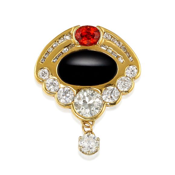 Bonhams : AN 18K GOLD, DIAMOND AND GEM-SET ENHANCER PENDANT BROOCH
