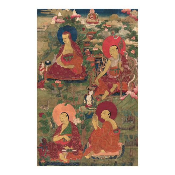 Bonhams : A THANGKA OF ARHATS CHUDAPANTAKA, NAGASENA, GOPAKA, AND ...