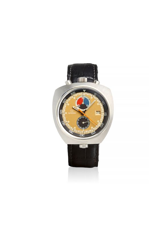 Bonhams : OMEGA. A STAINLESS STEEL MANUAL WIND CALENDAR CHRONOGRAPH ...